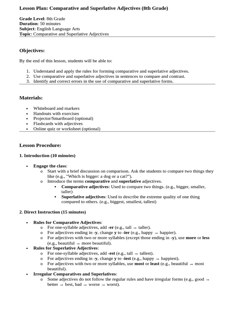 8th Grade Adjectives Lesson Plan | PDF | Adjective | Linguistics