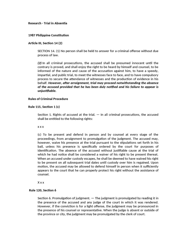 Trial in Absentia in the Philippines | PDF | Bail | Judgment (Law)