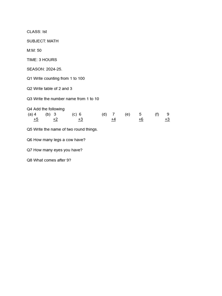 Class Ist Math | PDF