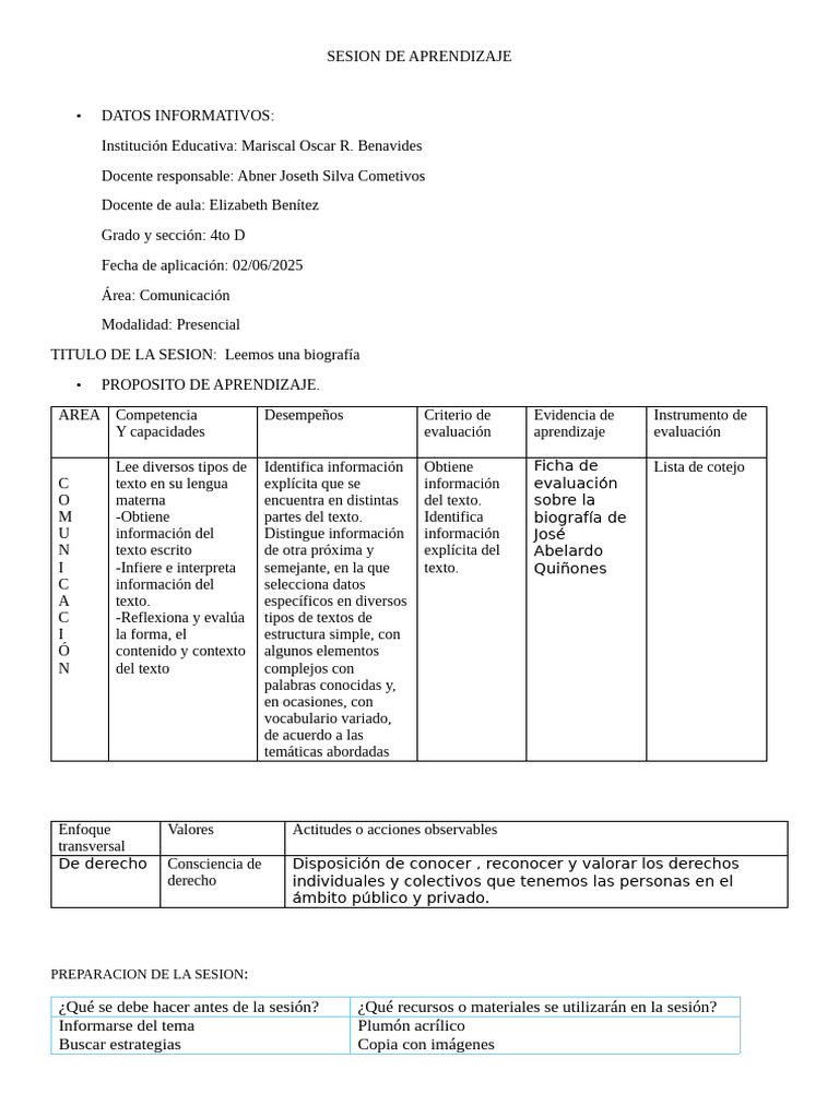 Sesion de Aprendizaje de Com LEEMOS UNA BIOGRAFÍA | PDF | Aprendizaje ...