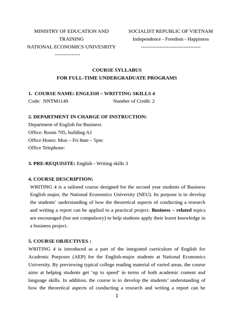 Writing 4 Syllbus Tatm 2024 | PDF | Educational Assessment | Learning