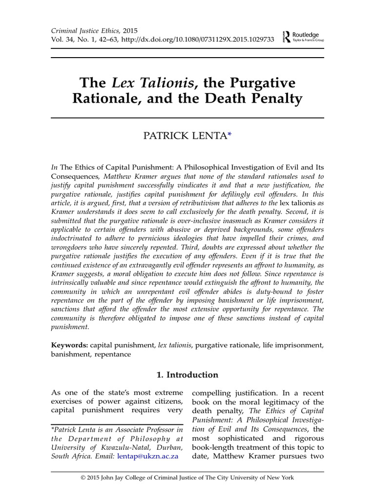 Lenta, P. (2015) - The Lex Talionis, The Purgative Rationale, and The ...