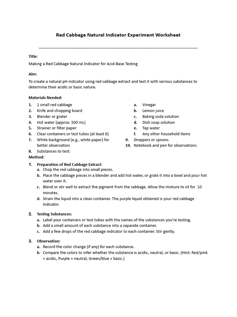 Red Cabbage Natural Indicator Experiment Worksheet | PDF | Ph | Experiment