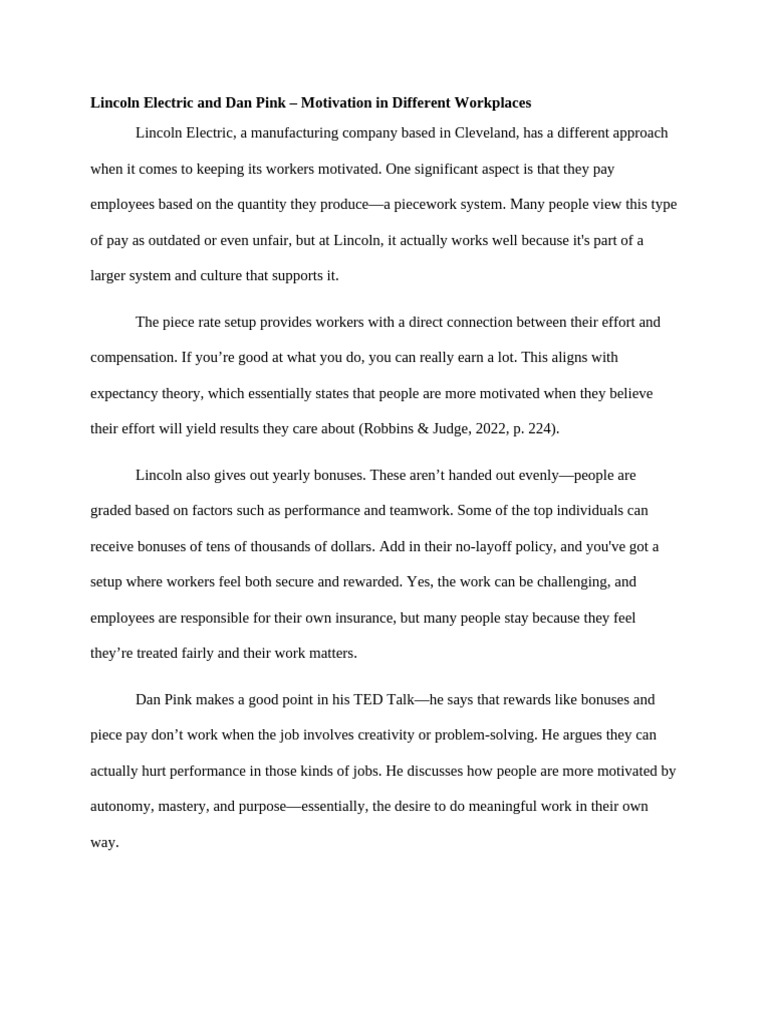 Lincoln Electric's Motivation Strategy | PDF | Motivational | Motivation