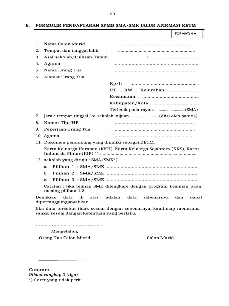 Formulir Pendaftaran SPMB Sma SMK Jalur Afirmasi Ketm | PDF