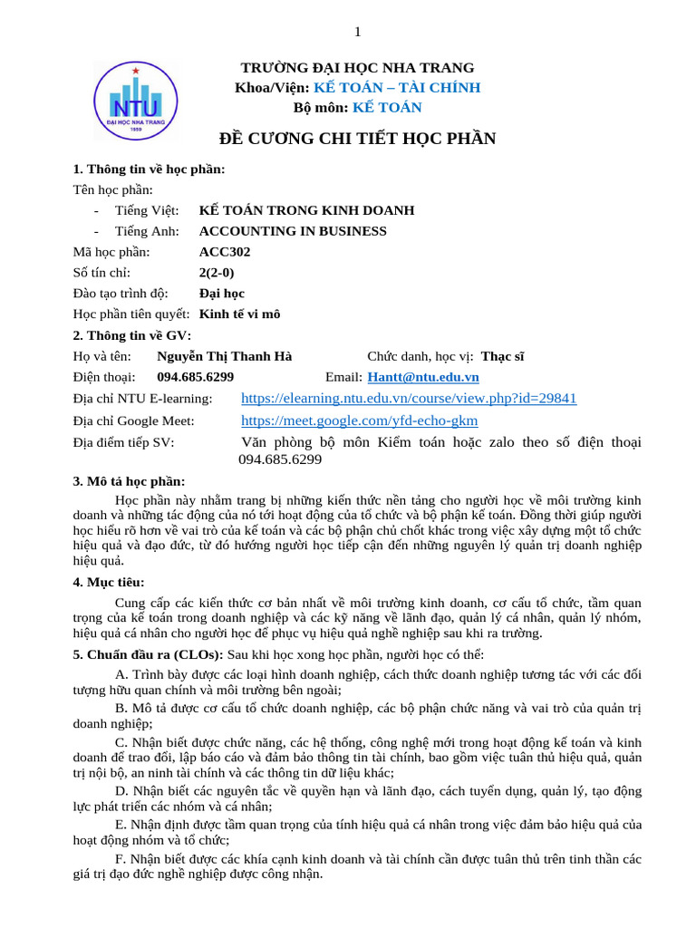 Đề Cương CTHP Kế Toán Trong Kinh Doanh 66.KT-2 | PDF