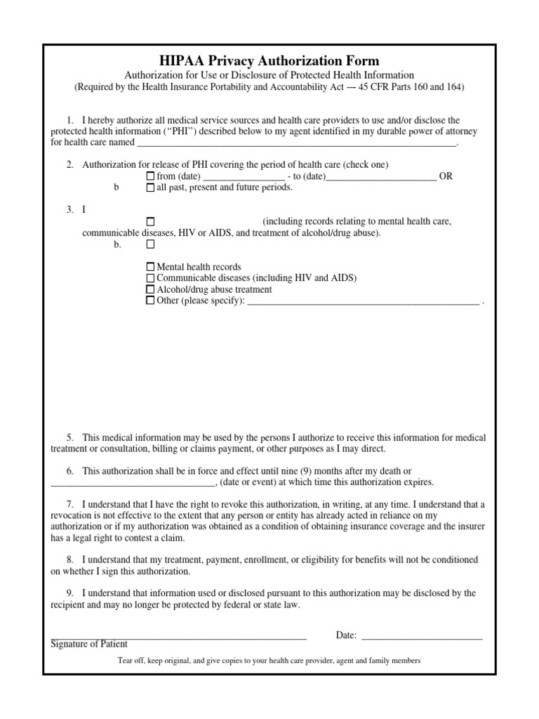 HIPPA Privacy Authorization Form | PDF | Health Insurance Portability ...