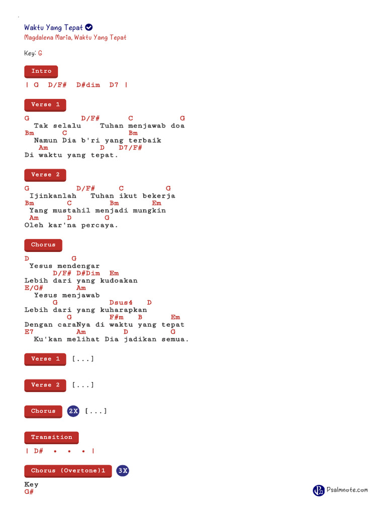 Waktu Yang Tepat Chords & Lyrics - Magdalena Maria - Psalmnote | PDF