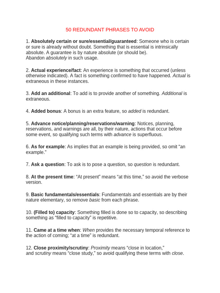 Avoid These 50 Redundant Phrases | PDF | Linguistics