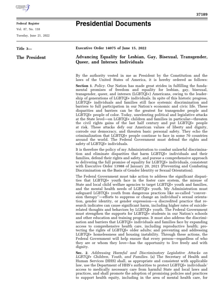 Executive Order 14075 - Advancing Equality For Lesbian, Gay, Bisexual ...