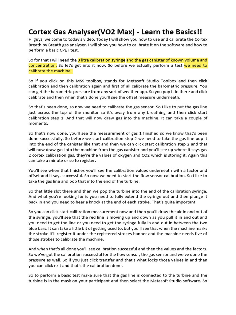 Cortex Gas Analyser (VO2 Max) - Learn The Basics!! | PDF | Calibration ...