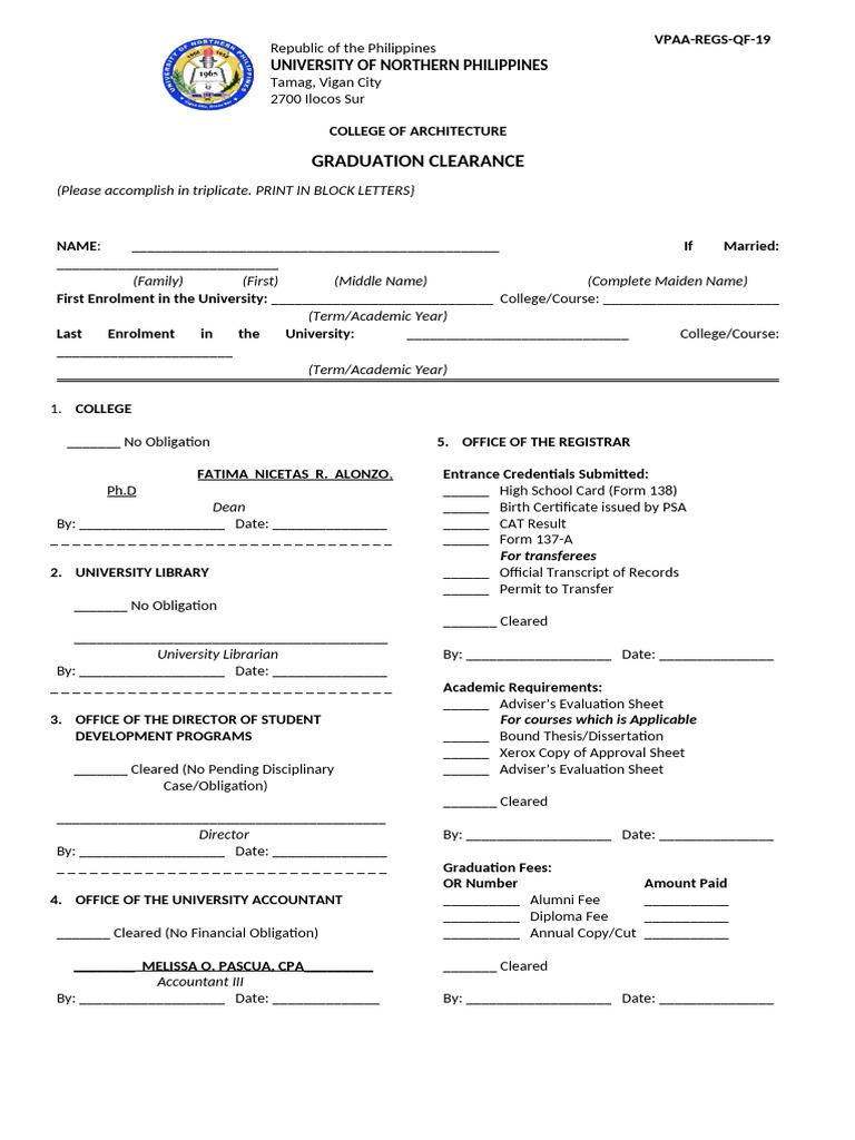 Graduation Clearance Form - UNP Architecture | PDF | Doctor Of ...
