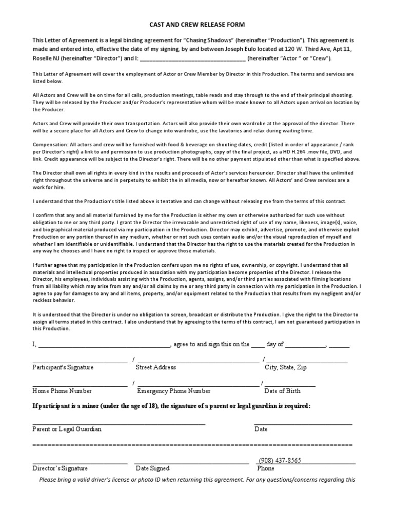 Cast and Crew Release Agreement | PDF | Intellectual Works | Virtue