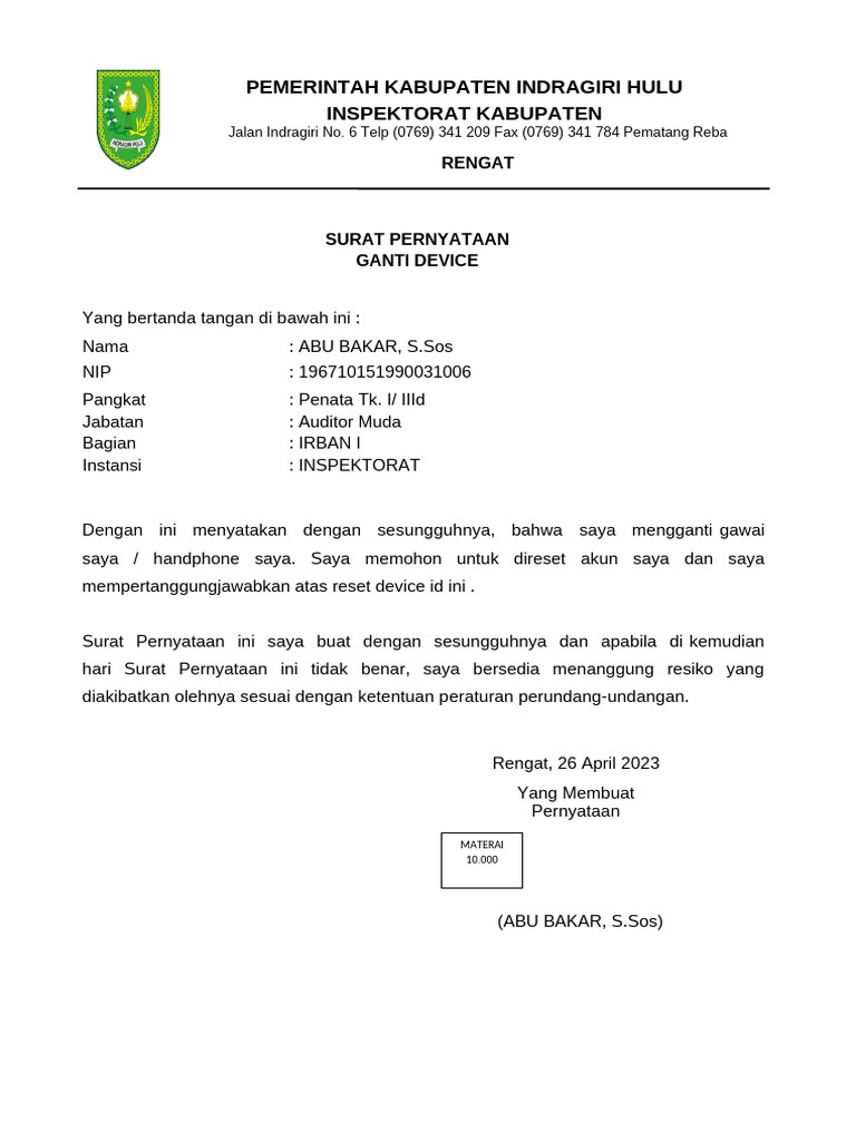 Surat Pernyataan Ganti Device Auditor | PDF