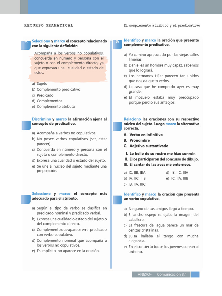 5 Com. 3.° Ficha El Complemento Atributo y El Predicativo | PDF ...