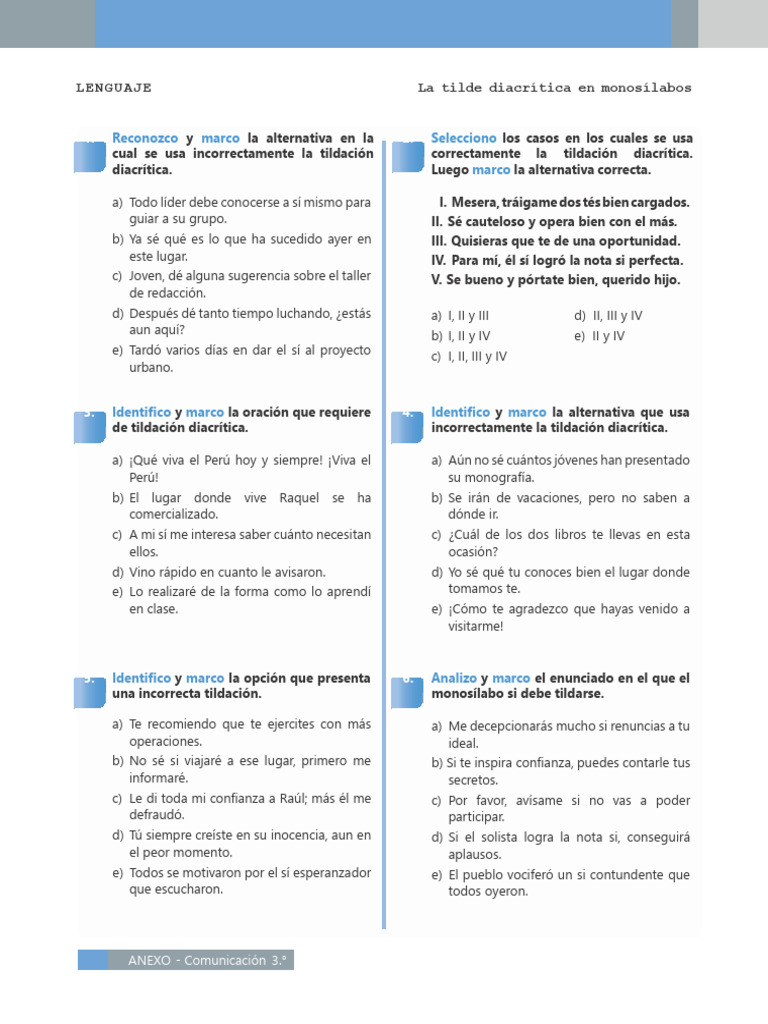 12 Com. 3.° Ficha La Tilde Diacrítica en Monosílabos | PDF