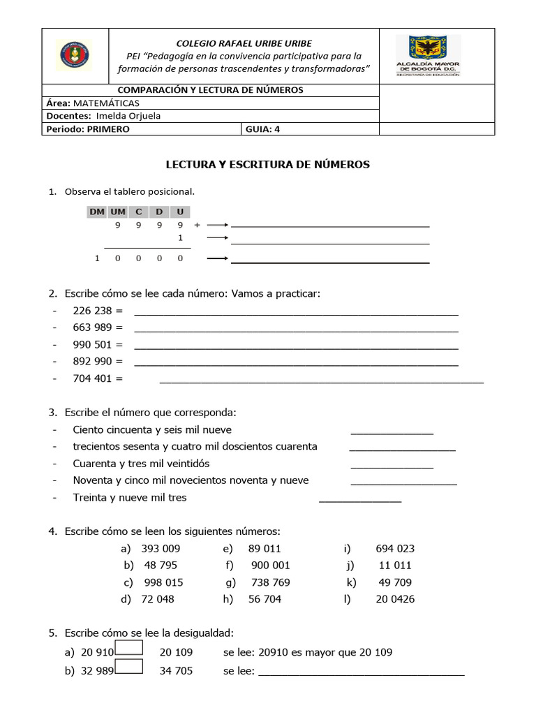Guia #4 Escritura, Comparación y Lectura de Números | PDF