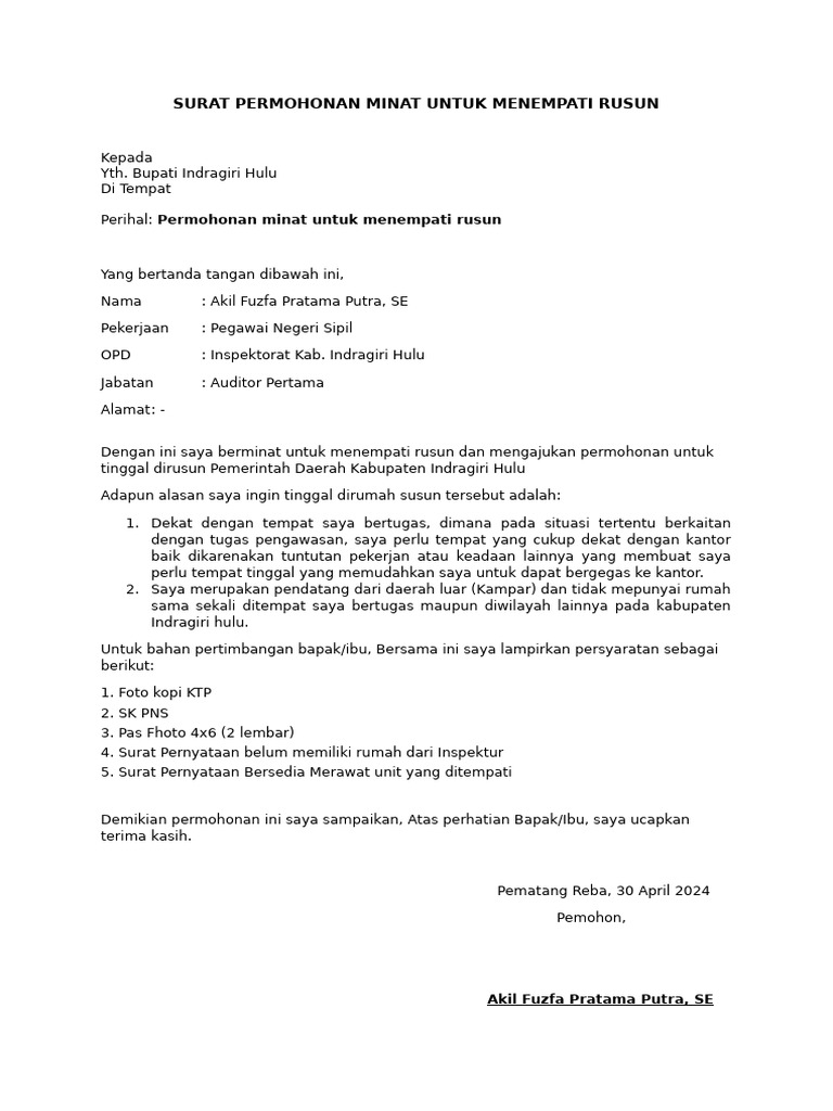 Surat Permohonan Minat Untuk Menempati Rusun | PDF