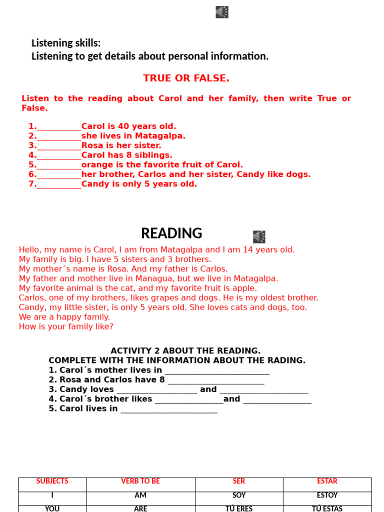 Carol's Family Listening Activity | PDF