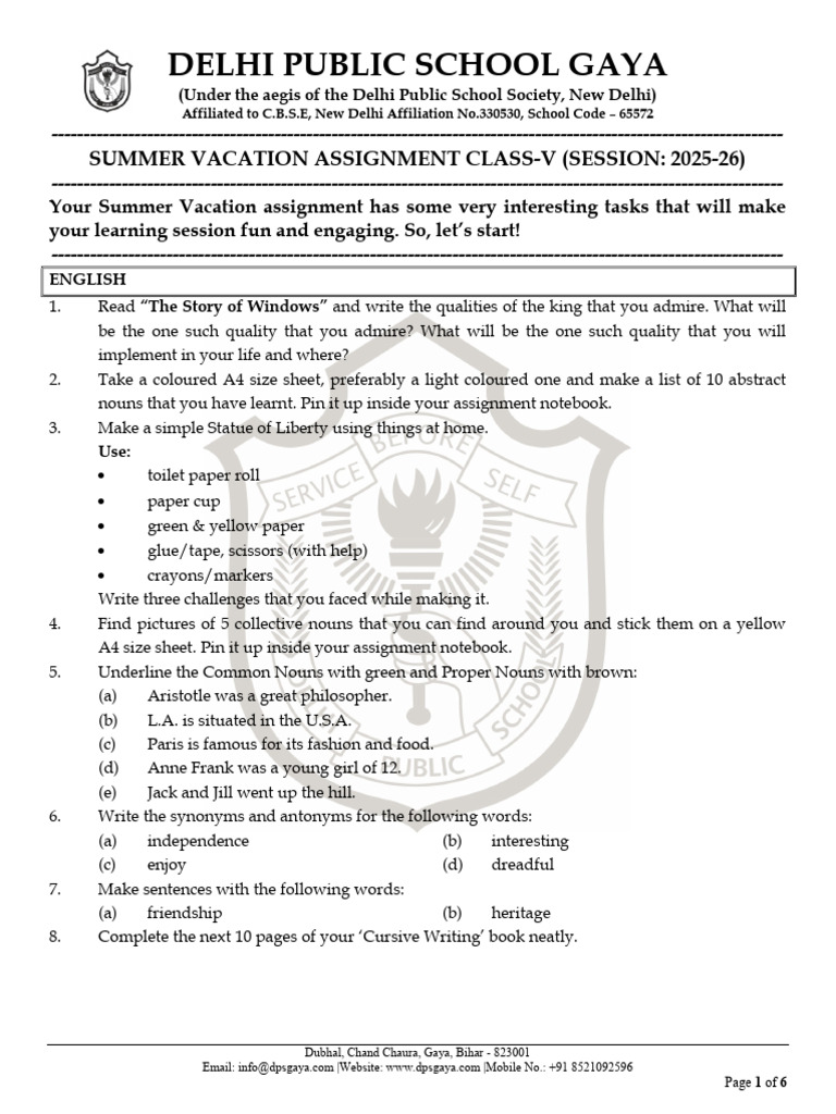 Class V Summer Vacation Assignment | PDF