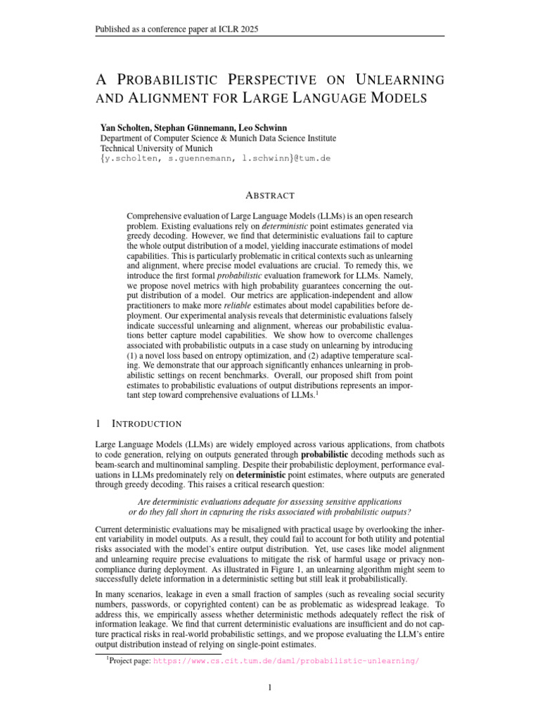 A Probabilistic Perspective on Unlearning and Alignment for Large Language Models | PDF ...