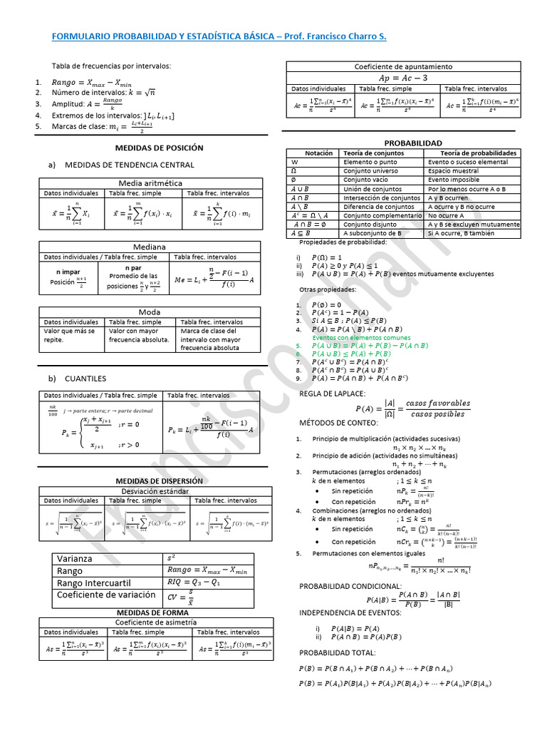 Formulario de Probabilidad y Estadística | PDF | Teoría de probabilidad ...