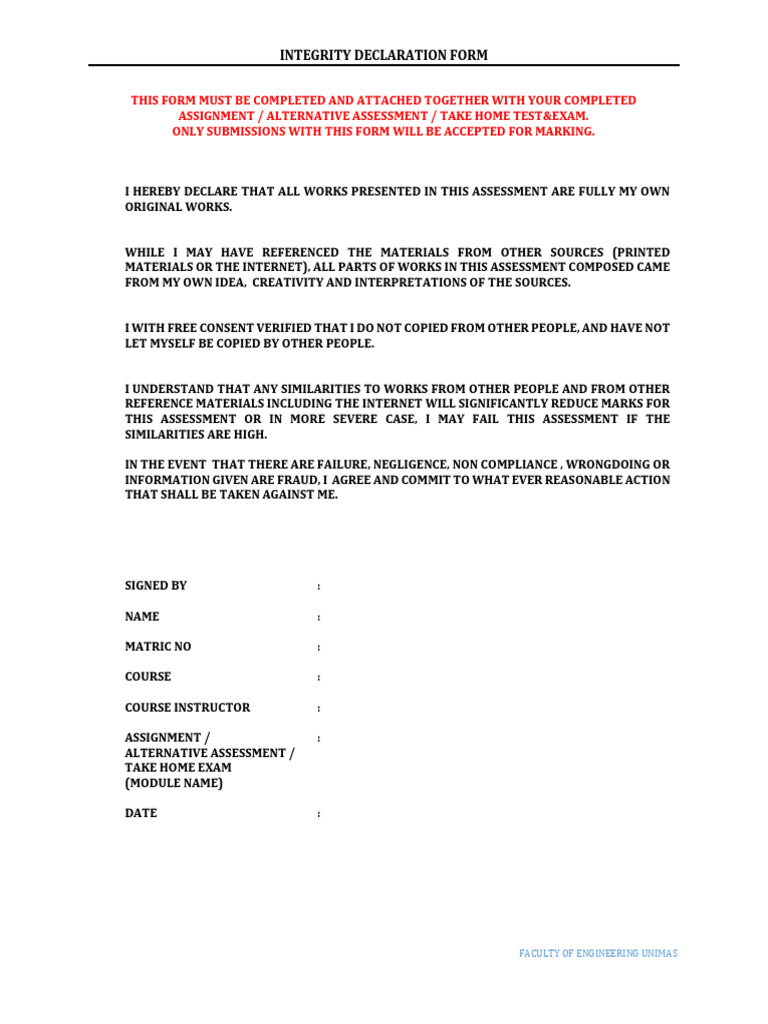 Integrity Declaration for Assessments | PDF | Applied And ...