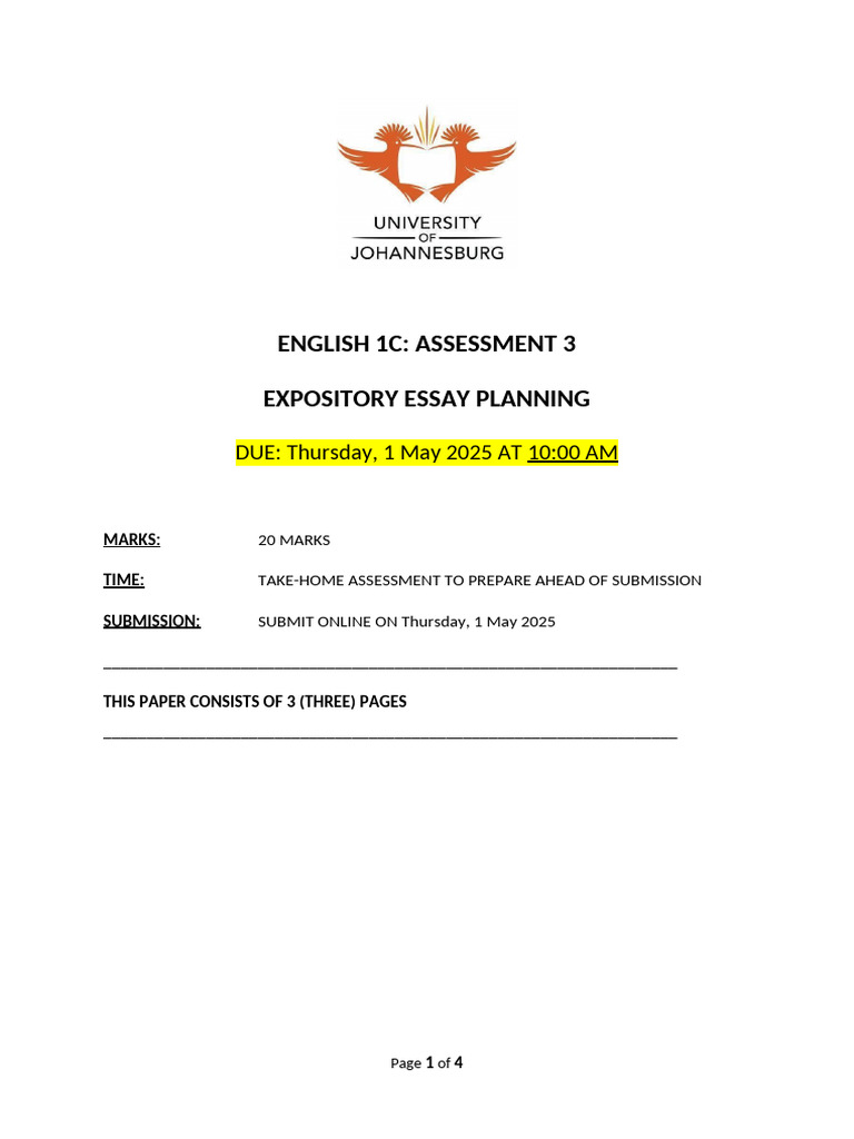 English 1C Assessment 3 - 2025 | PDF | Essays | Paragraph