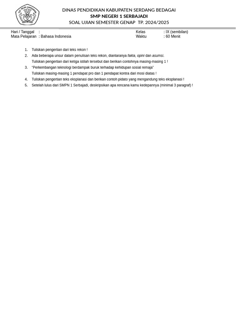 SOAL UJIAN SEMESTER GENAP KELAS IX-B.INDONESIA | PDF