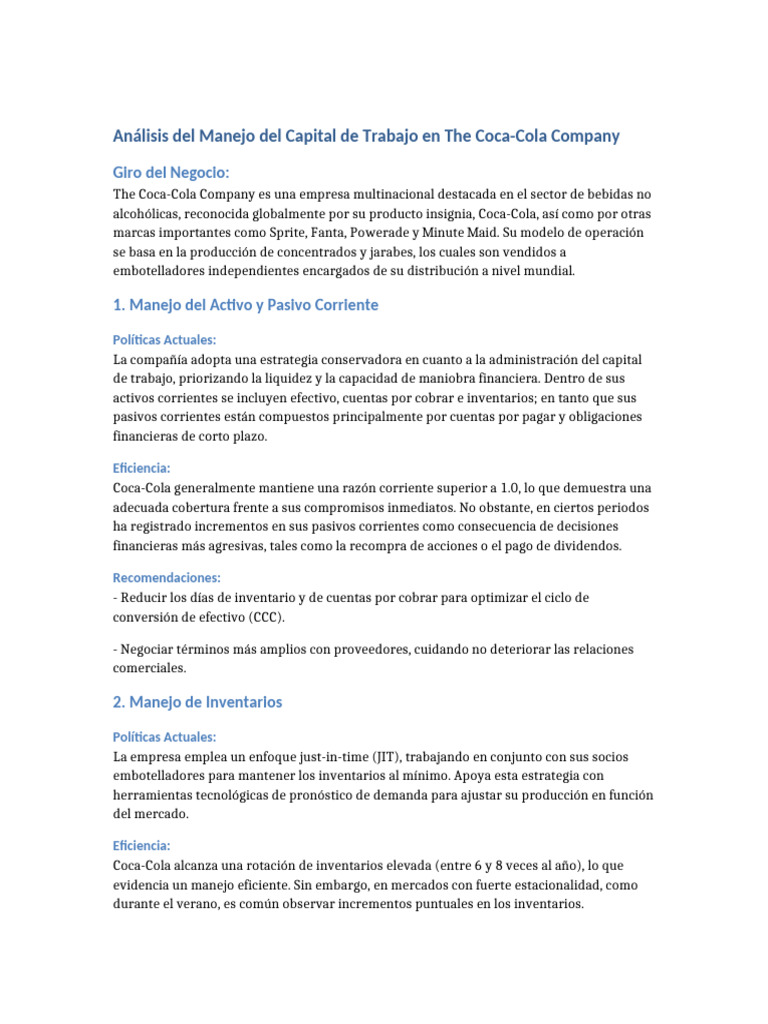 Analisis Capital Trabajo CocaCola | PDF | Coca Cola | Lean Manufacturing
