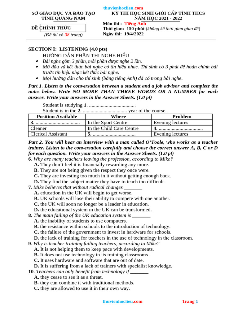 Thuvienhoclieu.com de Thi HSG Tieng Anh 9 Quang Nam 21 22 | PDF