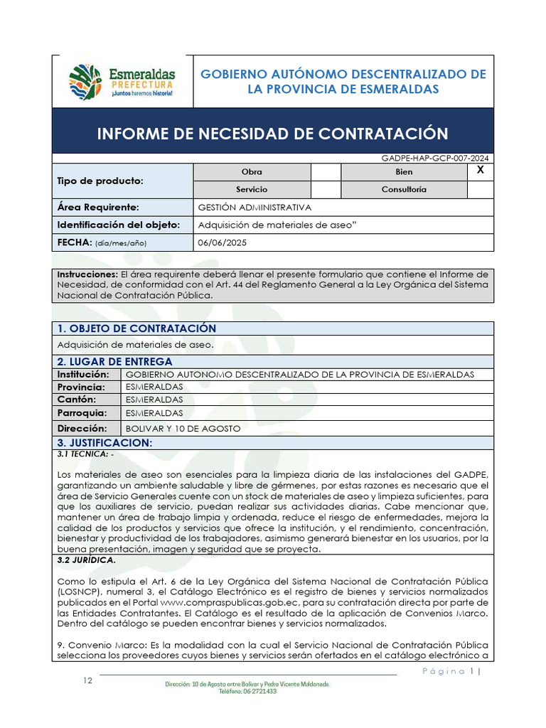 Informe de Necesidad de Contratación MATERIALES DE ASEO CE 5 JUNIO 2025-Signed | PDF | Calidad ...