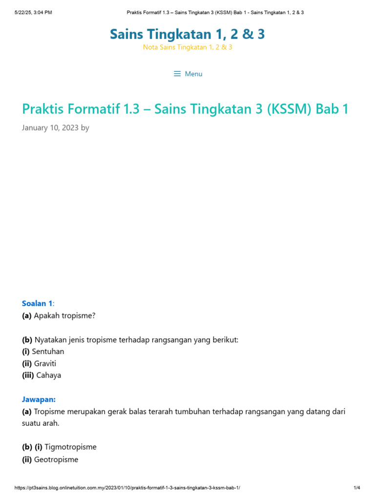 Praktis Formatif 1.3 - Sains Tingkatan 3 (KSSM) Bab 1 - Sains Tingkatan 1, 2 & 3 | PDF