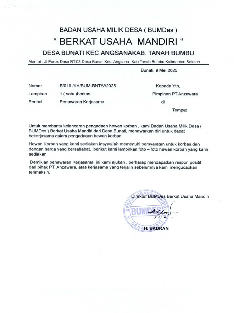 Penawaran Sapi Bumdes Bunati | PDF