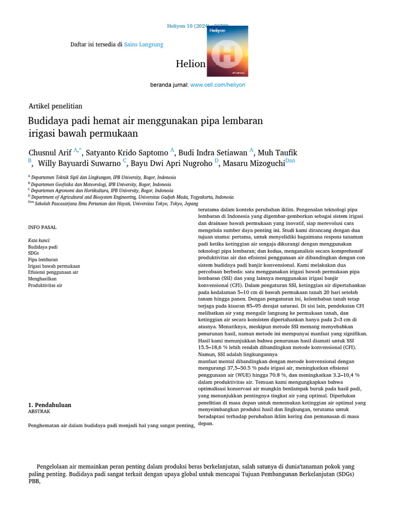 Salinan Terjemahan Water Saving Rice Cultivation Using Sheet Pipe Subsurface Irrigation | PDF