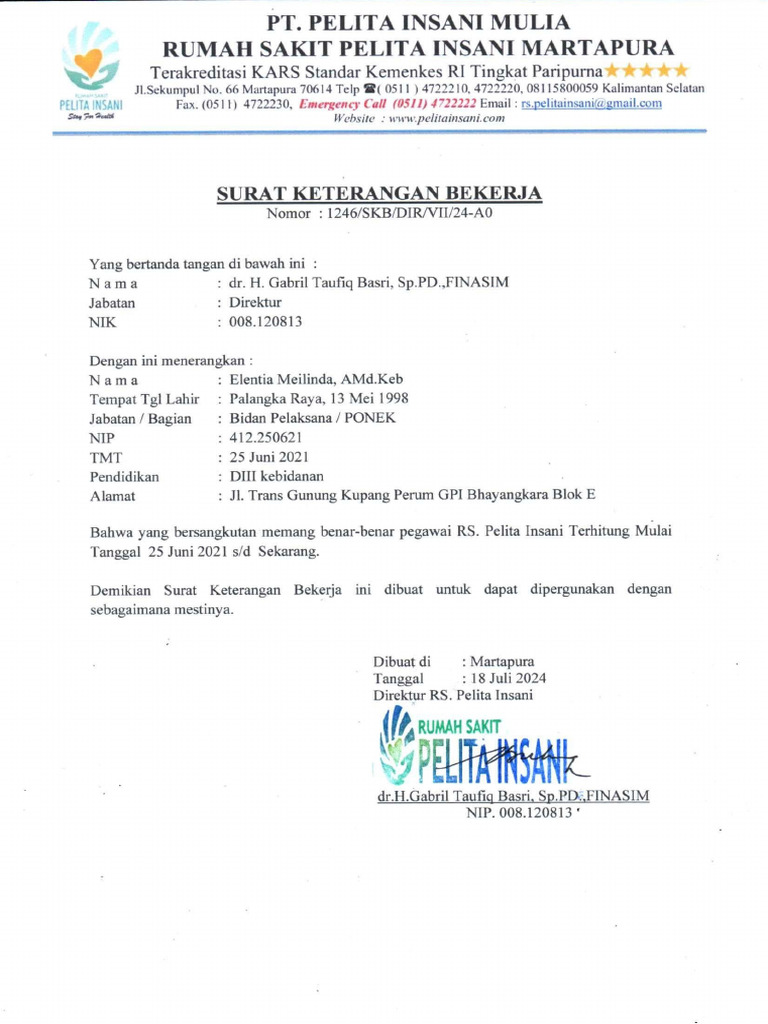 Surat Keterangan Bekerja Elentia Meilinda, AMd - Keb | PDF