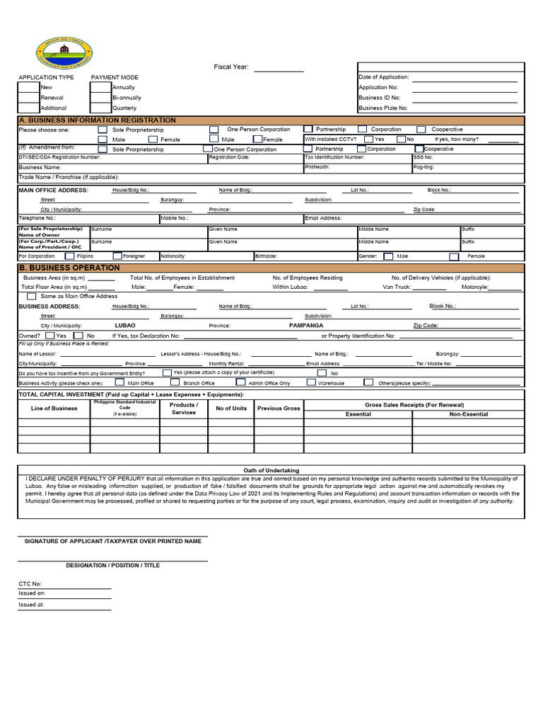 Unified Application Form For Business Permit LUBAO | PDF | Lease | Fee