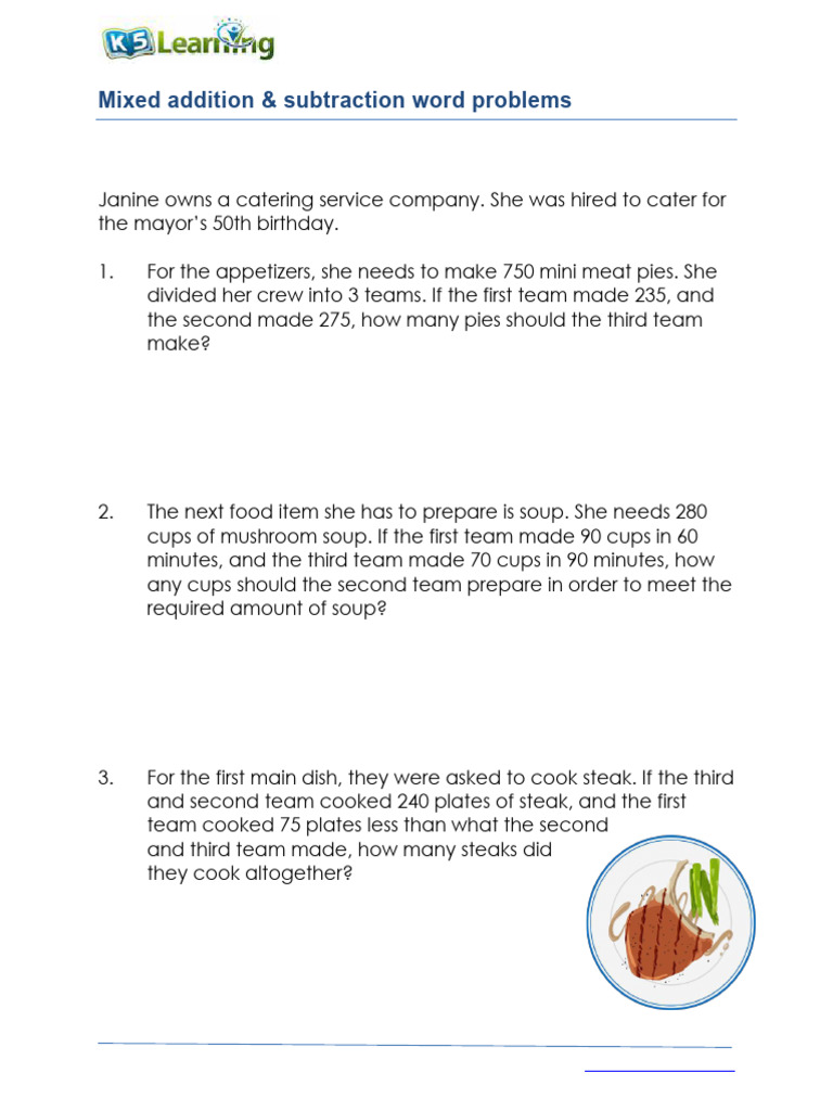 Grade 3 Math Word Problems Worksheets | PDF | Steak | Cuisine