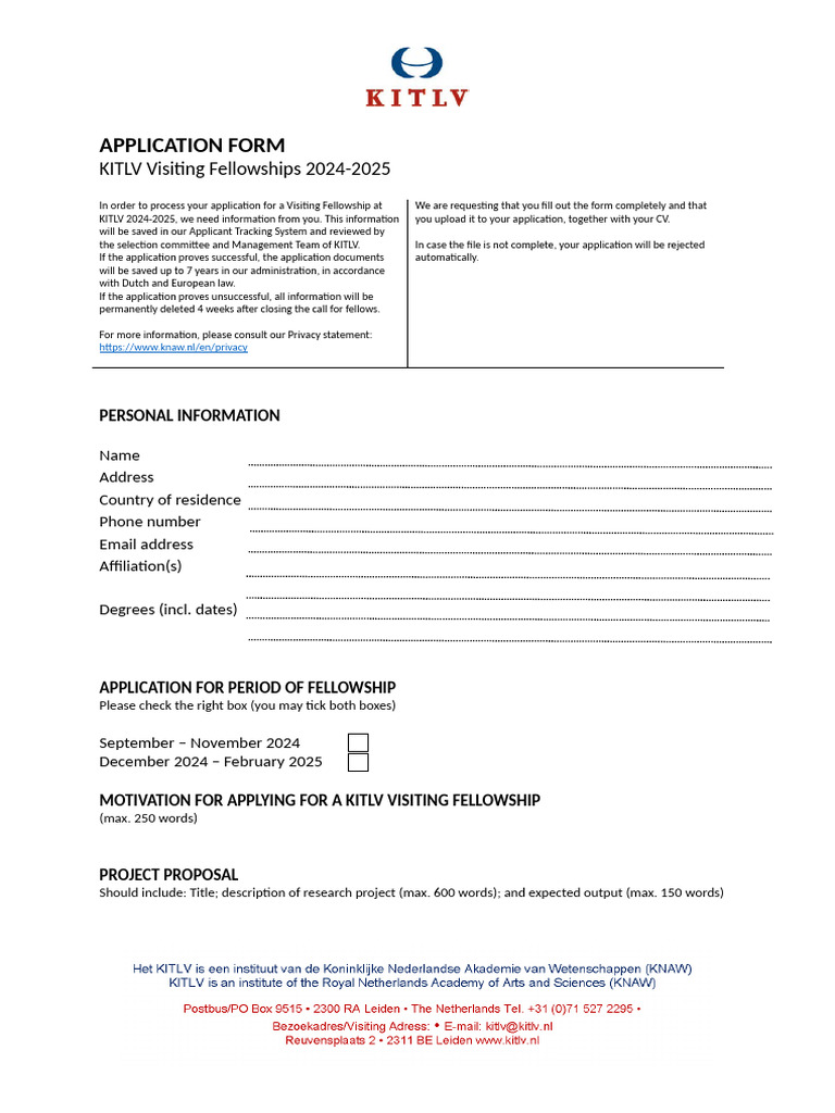 KITLV Visiting Fellowships 2024 2025 Application Form 25-01-2024 002 | PDF