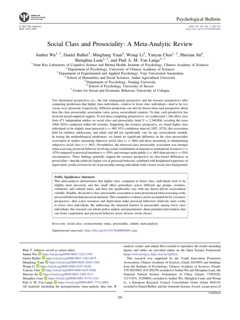 Wu Et Al. - 2025 - Social Class and Prosociality A Meta-Analytic Review | PDF | Meta Analysis ...
