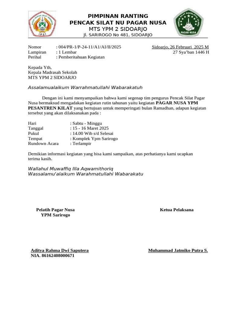 Lampiran Kegiatan + Surat Izin MTS YPM 2 | PDF