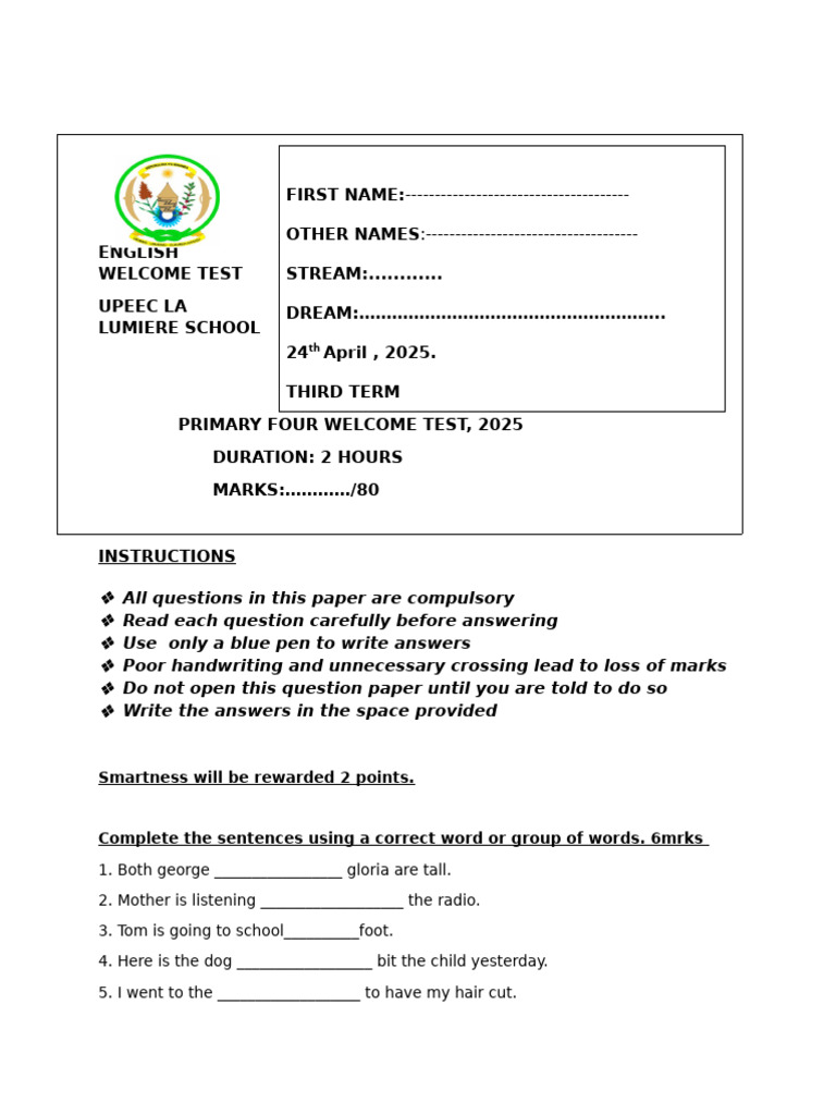 Primary Four Welcome Test 2025 | PDF | Syntax | Linguistic Morphology