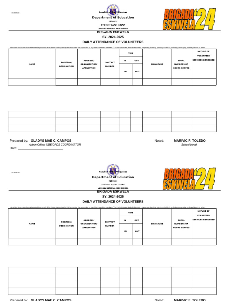Lnhs Brigada Eskwela Form 4 Daily Attendance of Volunteer 1 | PDF ...
