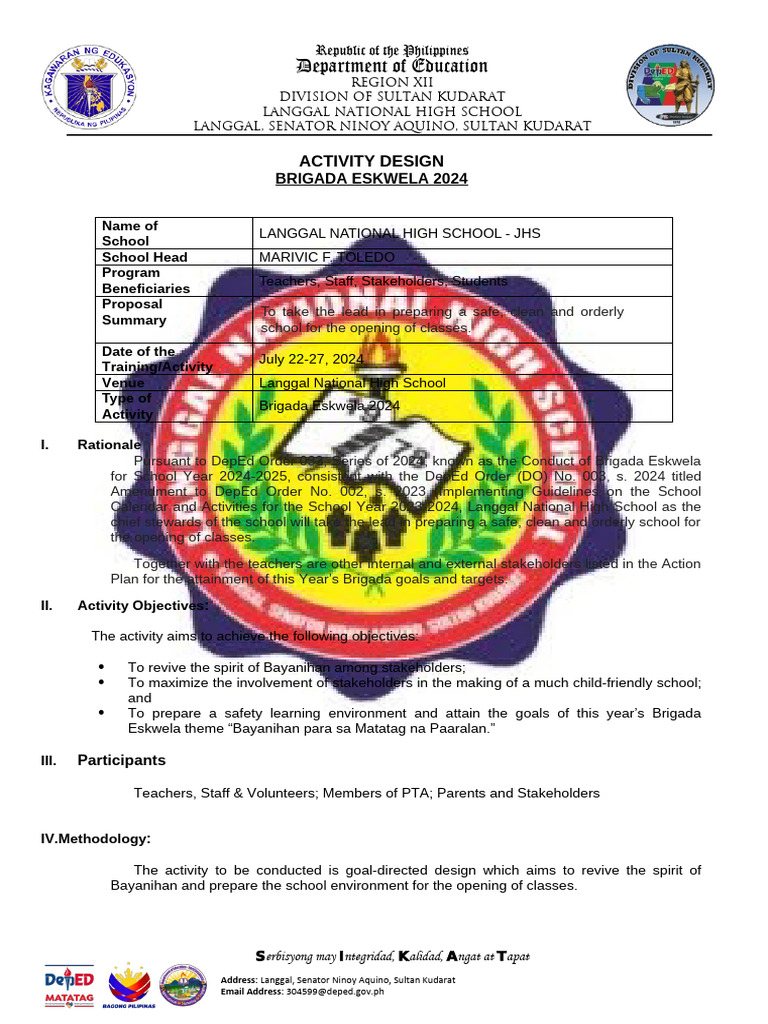 Lnhs Brigada Eskwela Activity Design 2024 | PDF