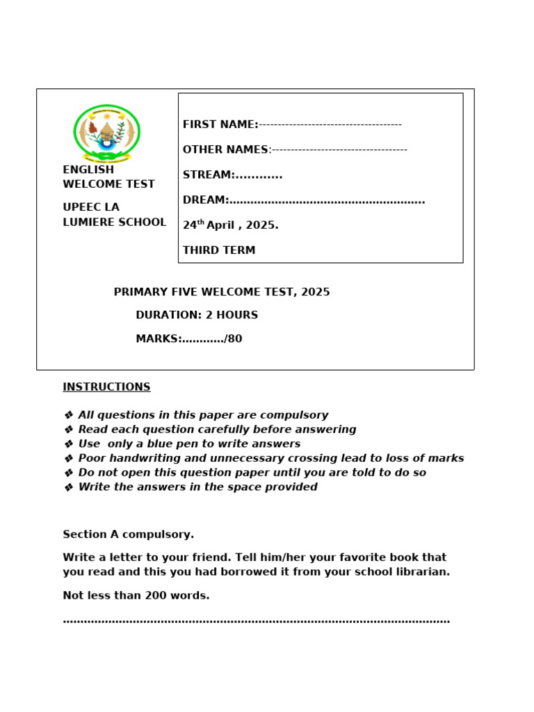 Primary Five Welcome Test | PDF | Ellipsis