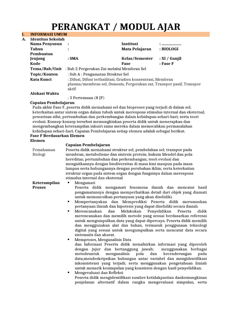 Modul Ajar Bab 2 Sub A Pengamatan Struktur Sel Pertemuan 5-6-7 | PDF