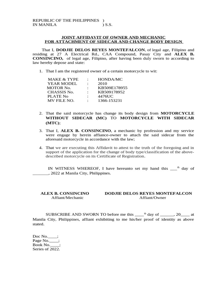 Joint Affidavit for Motorcycle Modification | PDF