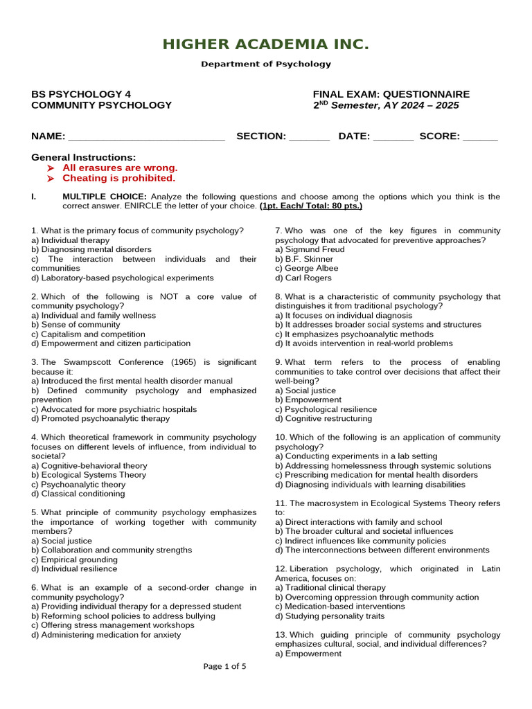 Finals-Community Psych - Narvasa, Allysha - 15 Copies - Day 2 | PDF | Evaluation | Psychology