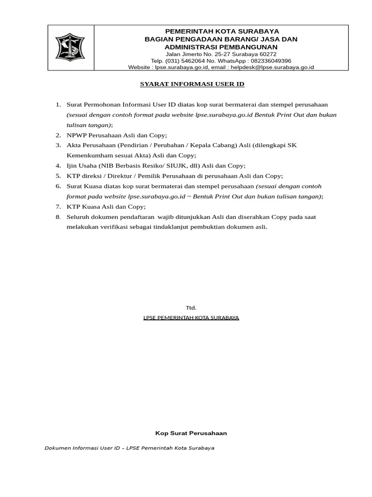 Panduan Permohonan User ID LPSE Surabaya | PDF