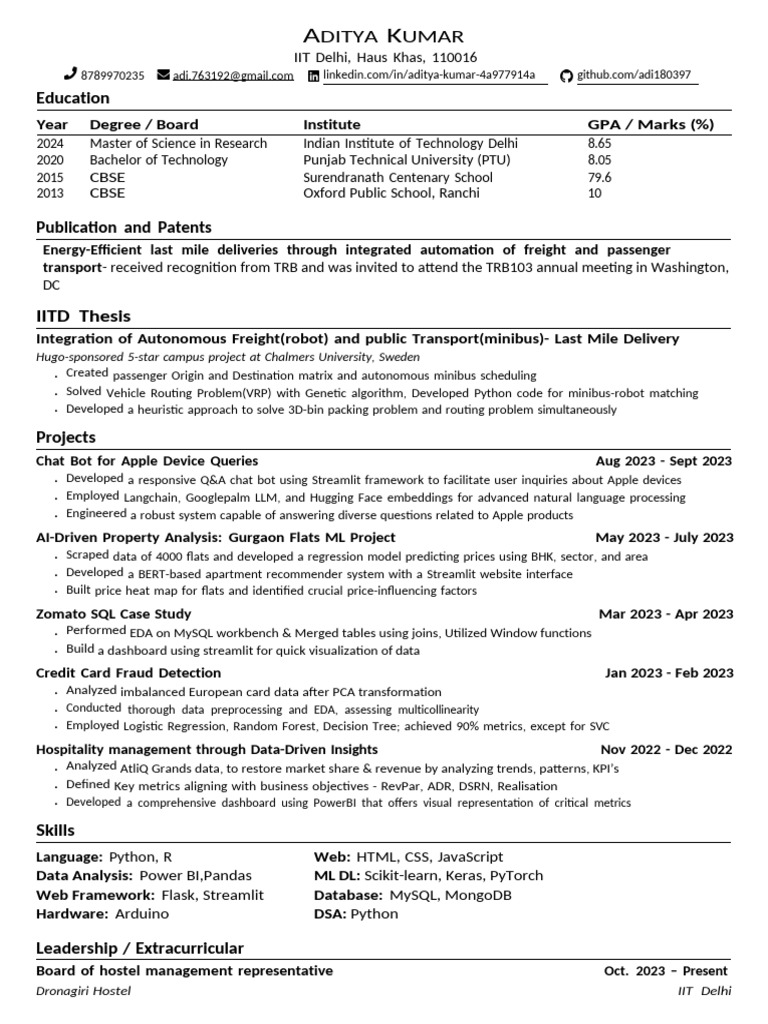 Aditya Kumar Resume | PDF | Information Technology | Computing